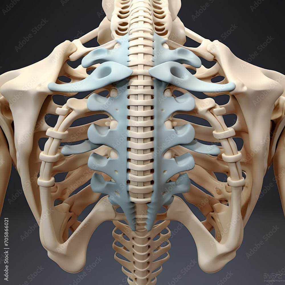 3D illustration of a human ribcage and spine, highlighting the thoracic ...