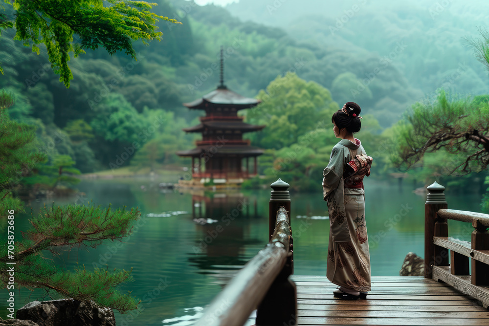 Japanese Elegance in Nature: A geisha stands on a wooden bridge ...