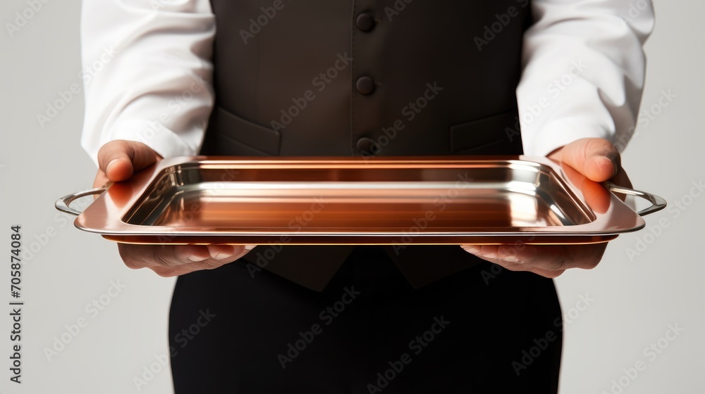 portraying the hands of a waiter holding a metal tray on a crisp white ...