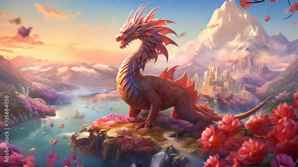 Dragon's Dream: Illustration of the dragon in a dreamy landscape ...