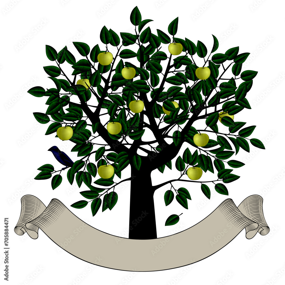 Tree crown with green leaves and ripe apples, blue bird sitting on a ...