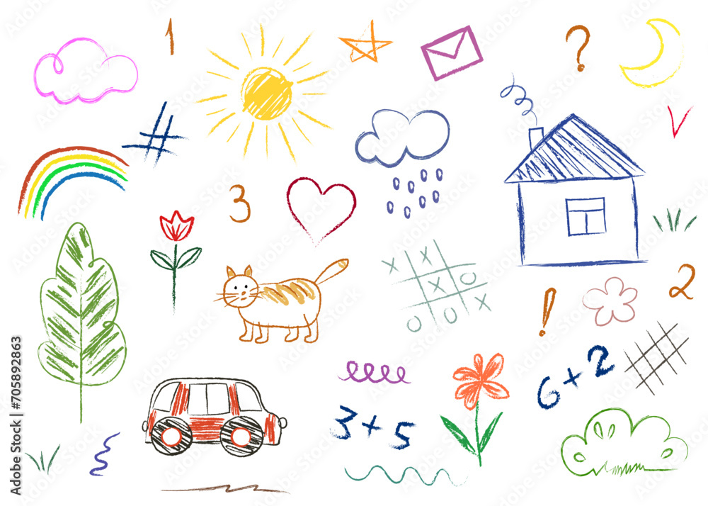 doodles are drawn by a child's hand with chalk on asphalt or on a ...