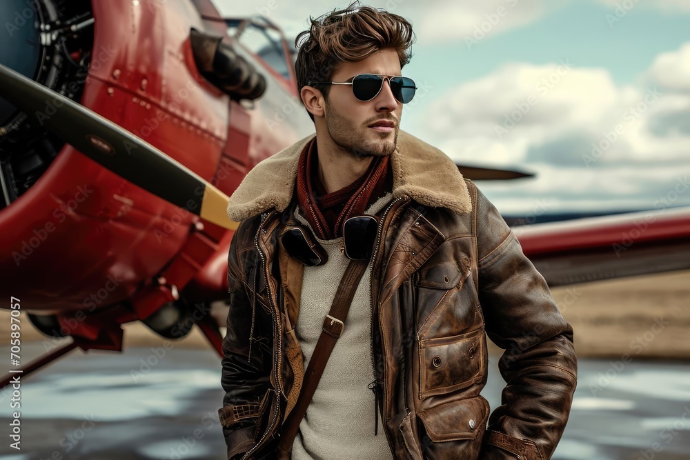 Male model in a classic aviator jacket Standing near a vintage airplane ...