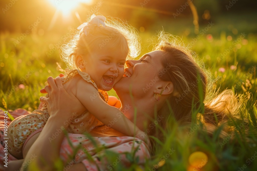 Joyful mother playfully nuzzling her child's cheek in a sunlit meadow ...