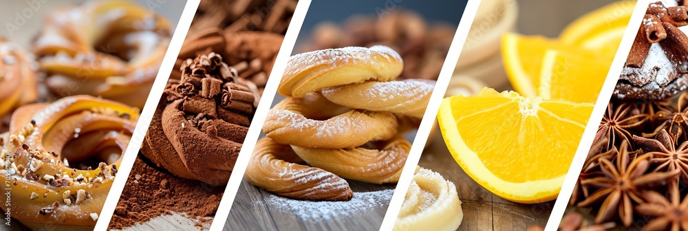 Collage of bakery products with dividing white vertical lines and ...