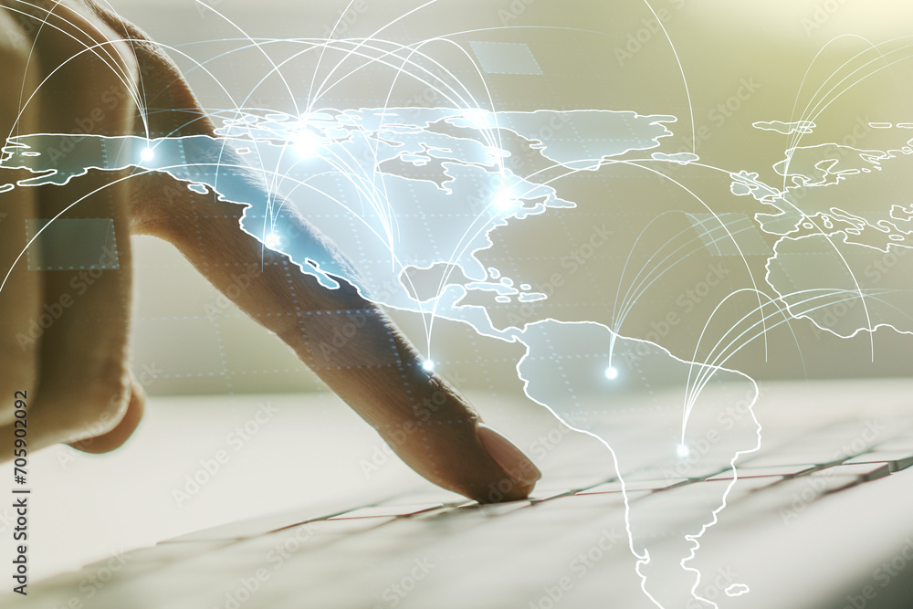 Double exposure of abstract digital world map with connections and hand ...