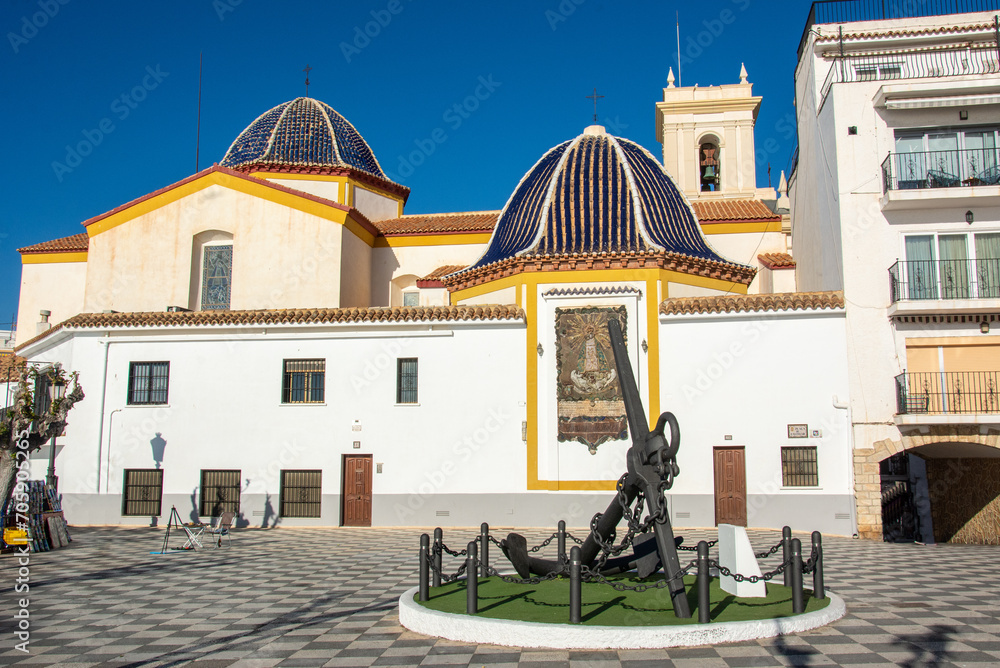 The blue enamel ceramic domed church of San Jaime (James the Great) and ...