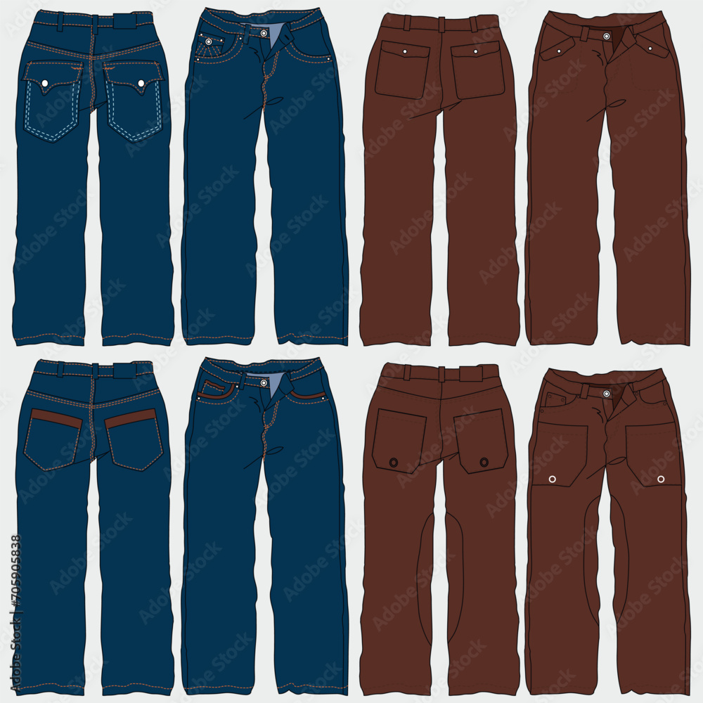 Unisex, Men, Women Folded Denim, Jeans Front and Back View of Vector ...