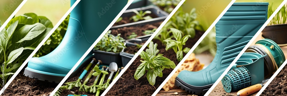 Gardening and landscaping collection of outdoor garden tools in collage ...