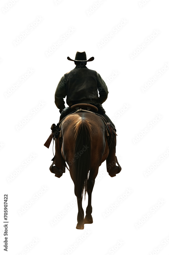 Young historical old western cowboy riding his brown horse. Bandit or ...