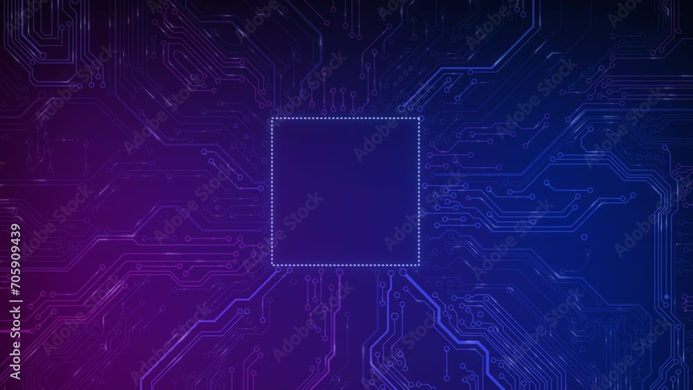 Animated circuit board. Digital technology background. Central computer ...