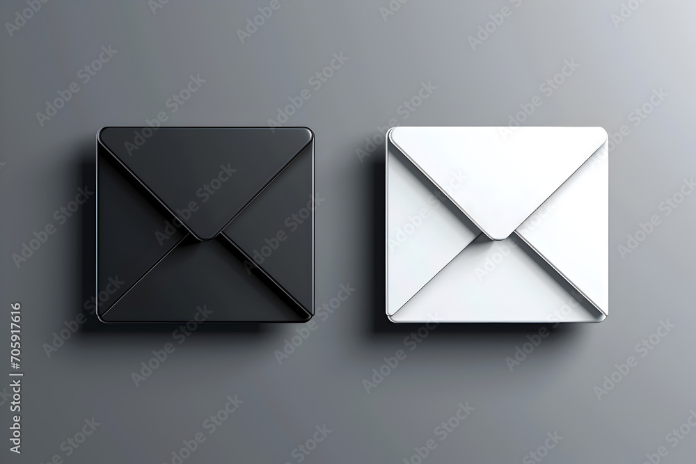 Sleek black and white email icons, metallic sheen, elegance ...