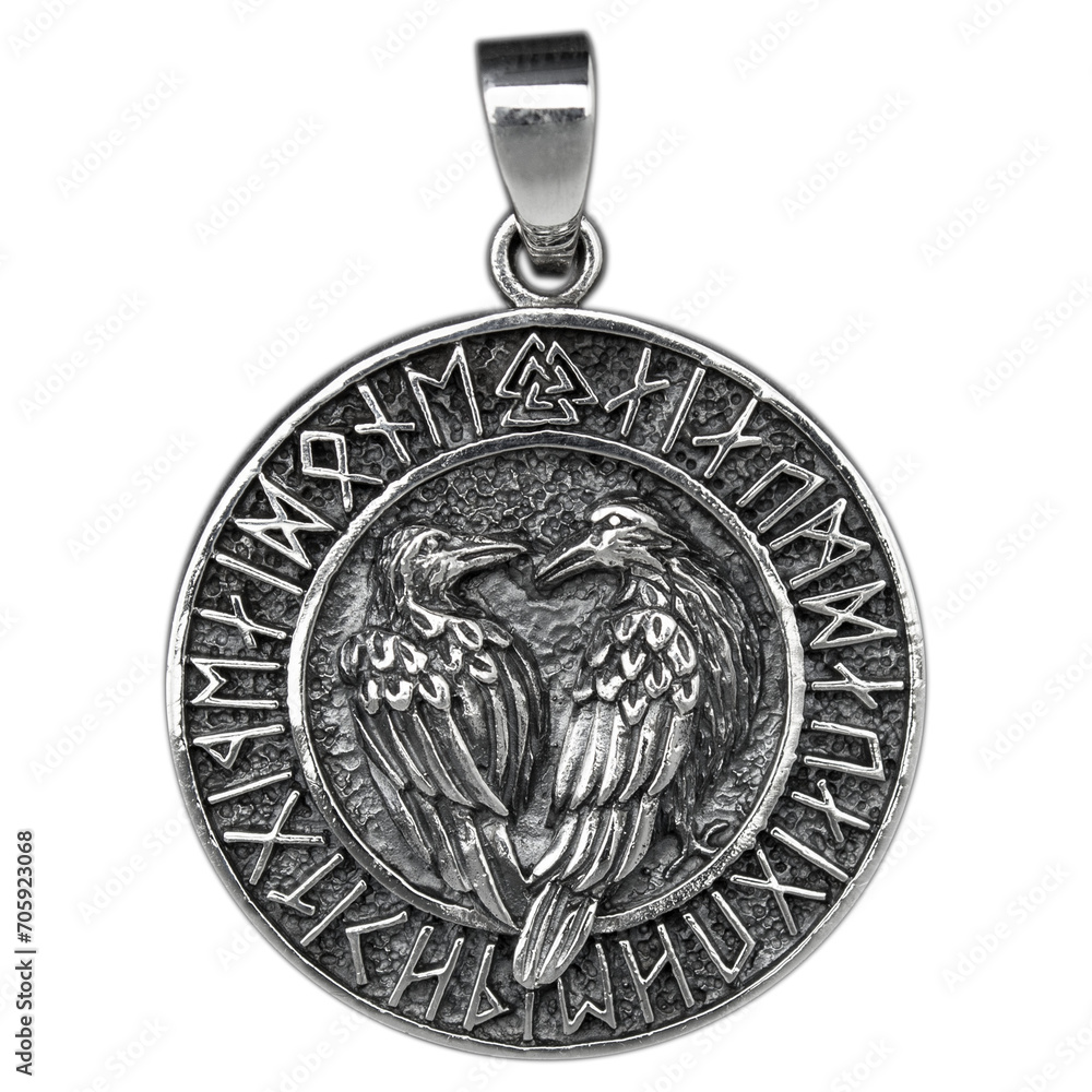 Silver pendant. Helmet of horror. Runic compass, futhark, runes, ravens ...