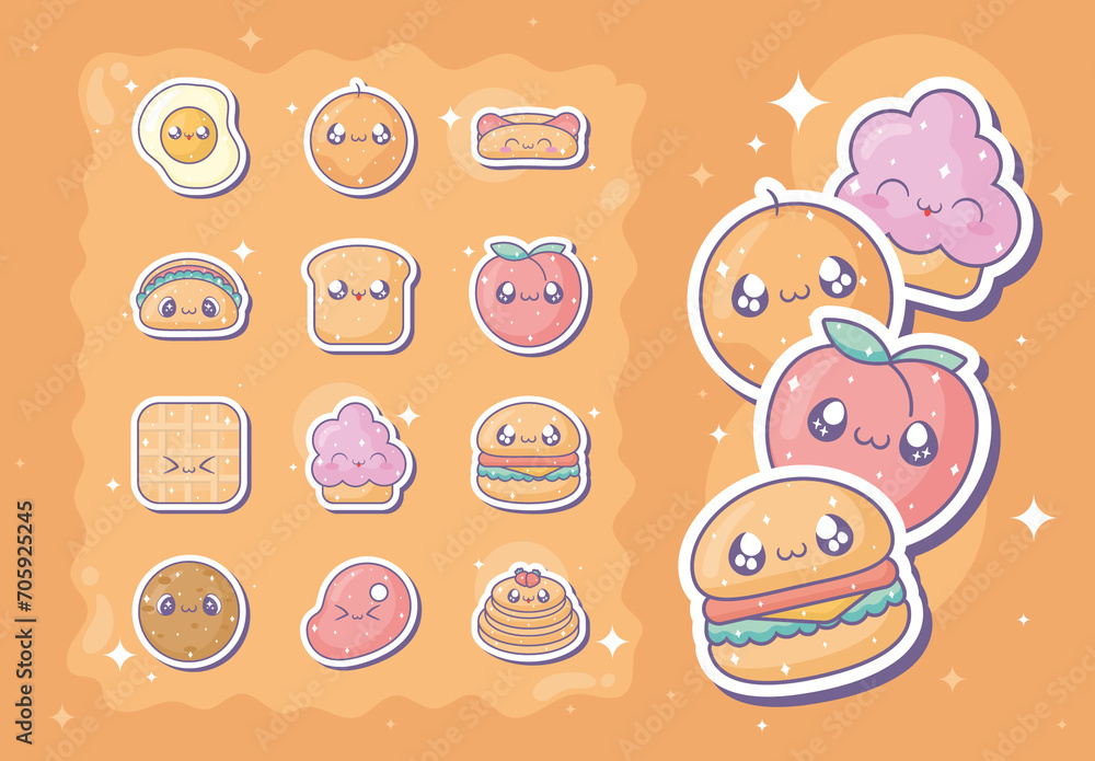 Kawaii Food Sticker Sets Stock Template | Adobe Stock