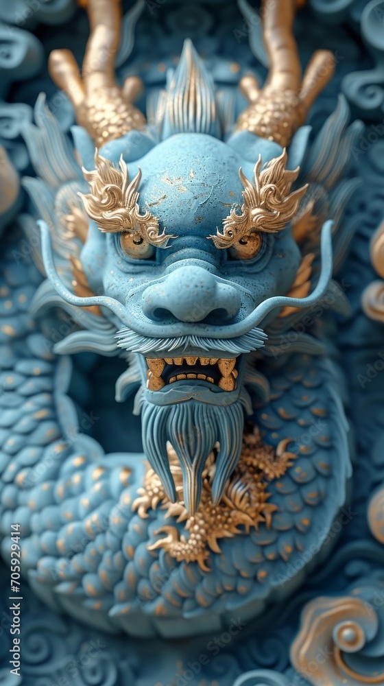 Walls, bas-reliefs, Chinese dragon, gold accents on blue background ...