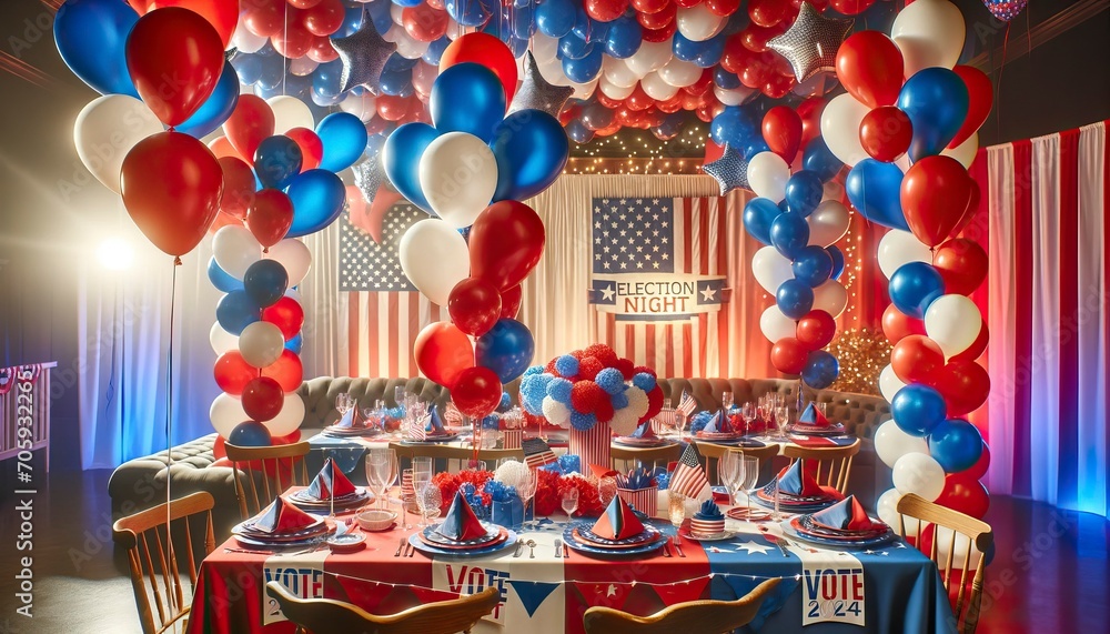 Patriotic Election Party Setup with American Flags and Balloons for ...