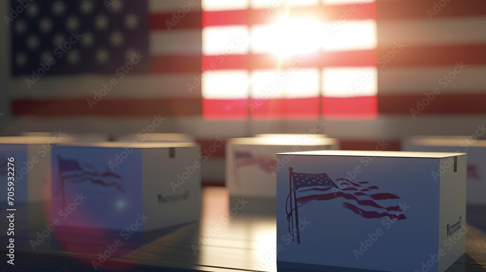 Ballot Boxes in Voting Booth with American Flag Backdrop for 2024 ...