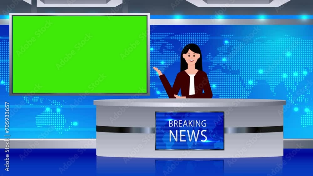 cartoon news reporter in news studio animation with green media screen ...