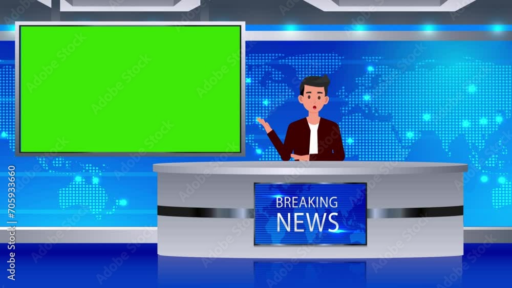 cartoon news reporter in news studio animation with green media screen ...