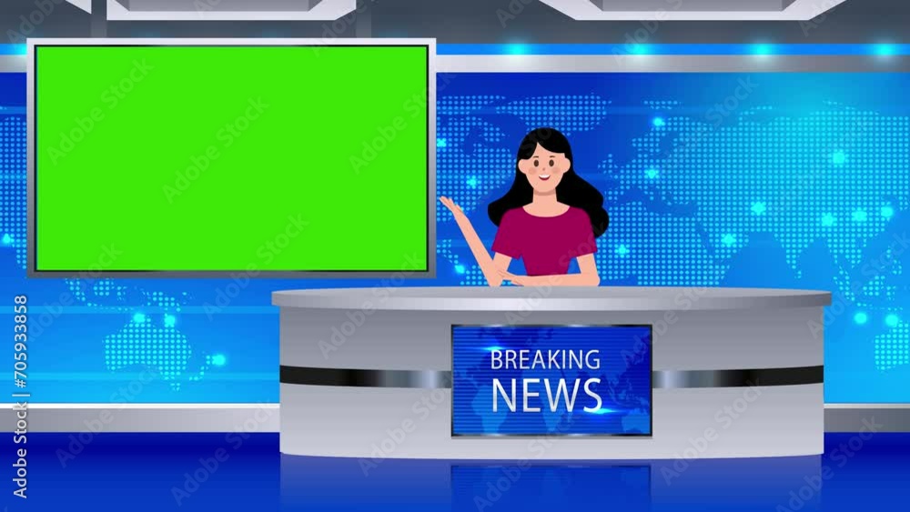 cartoon news reporter in news studio animation with green media screen ...