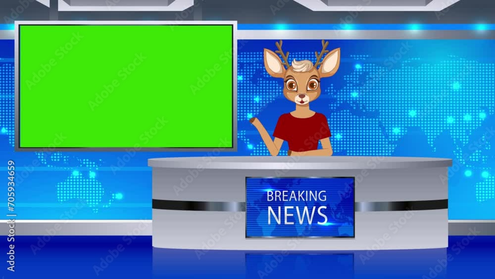 cartoon deer news reporter in news studio animation, green screen, news ...