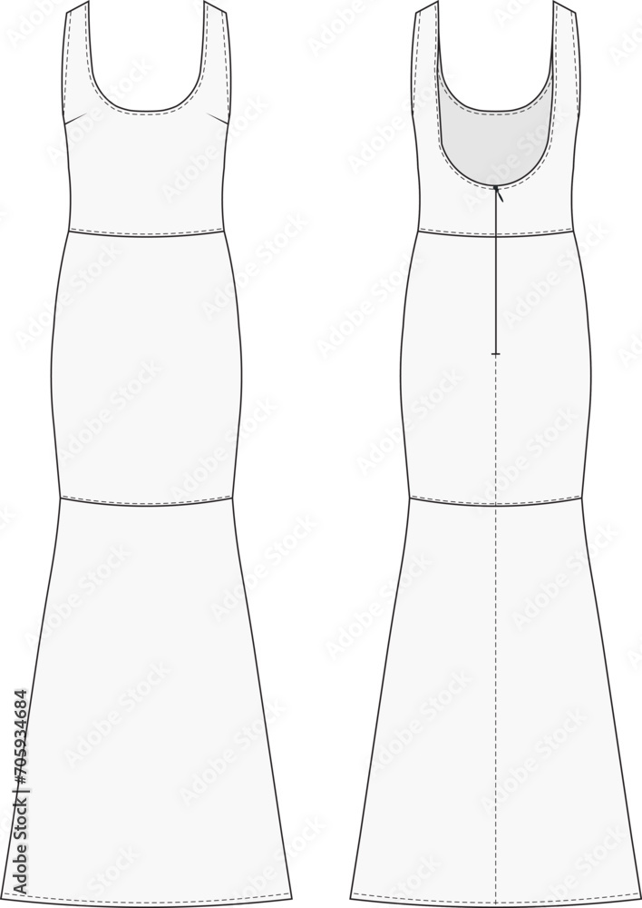 shoulder straps backless long mermaid dress gown template technical ...