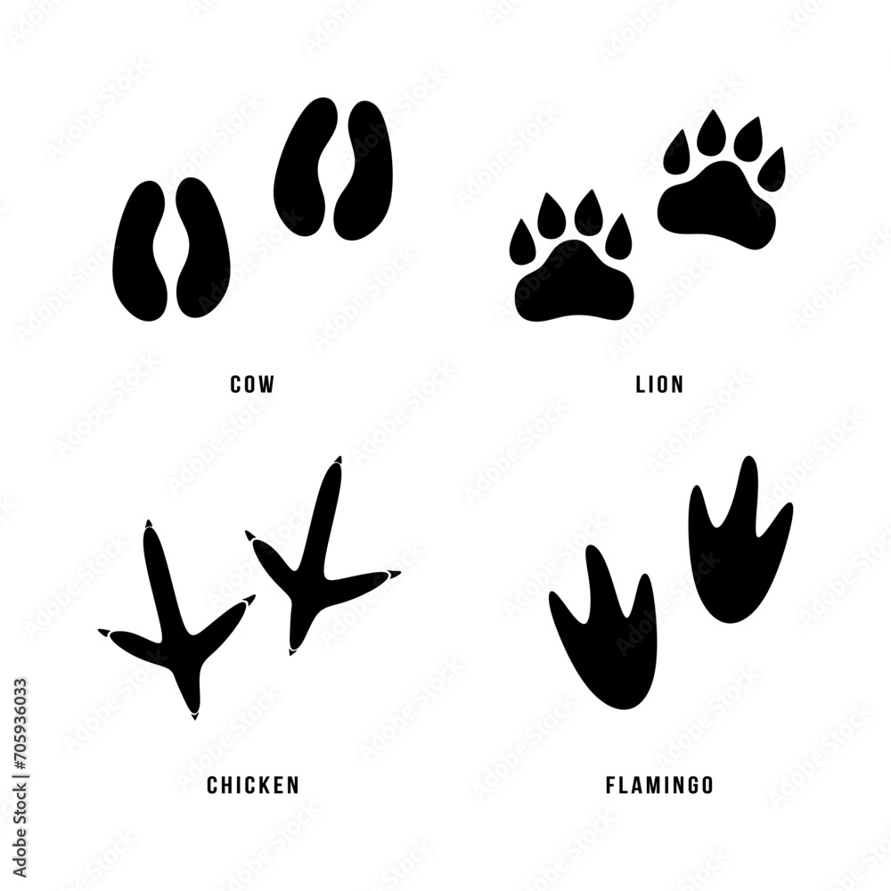 Set of animal footprints. Black silhouettes of paws animal feet or ...