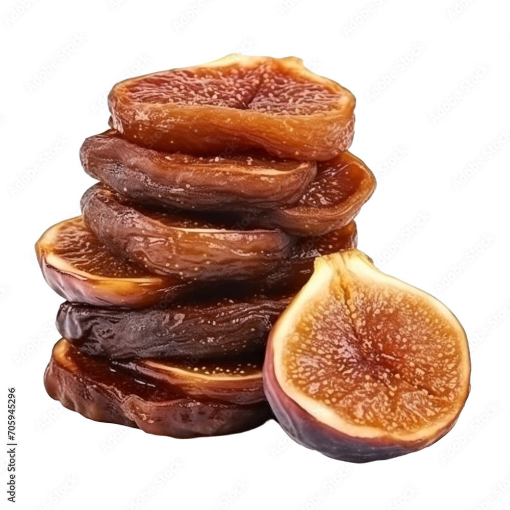 organic dried fig cut in half sliced with leaves isolated on white ...