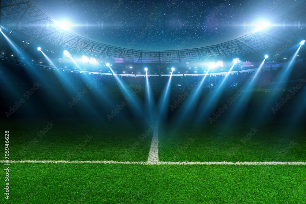Modern football stadium with green lawn and blue spotlight. Soccer ...