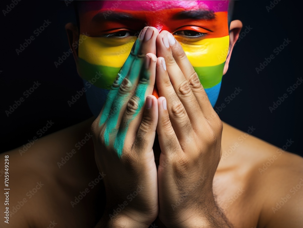 Man with a rainbow-painted face covers his face with his hands ...