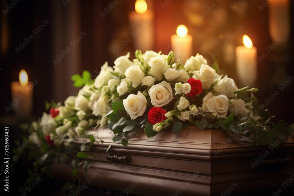 White roses adorn a funeral ceremony, symbolizing grief, mourning, and ...