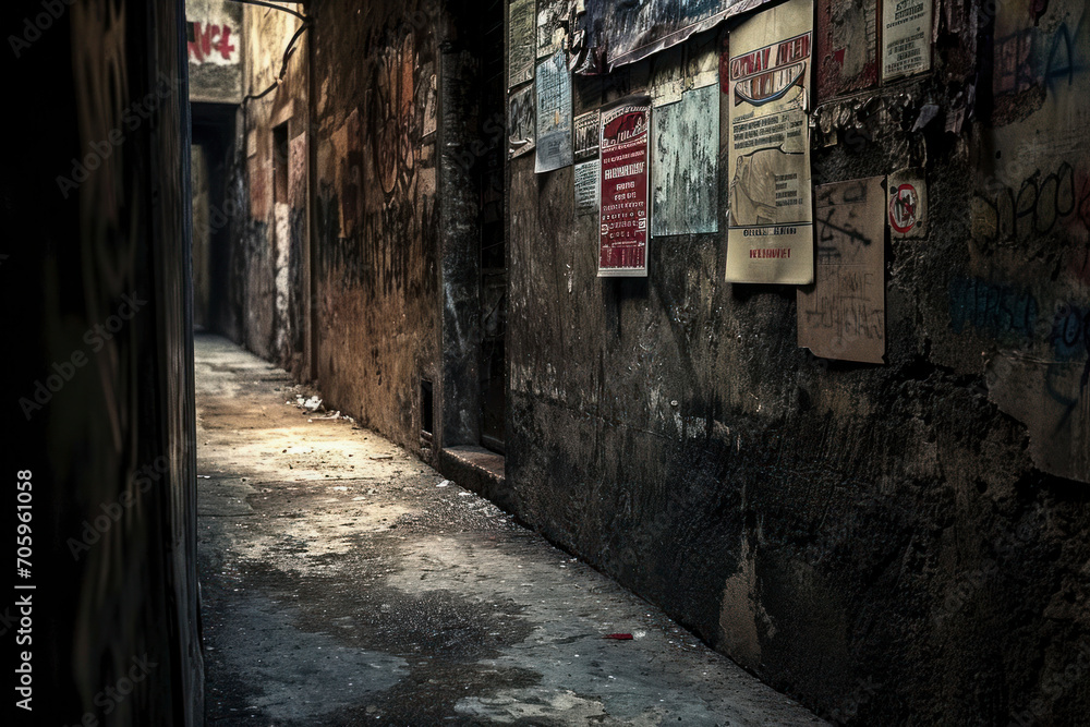 Dirty alleyway with worn-out posters, an atmospheric scene featuring a ...
