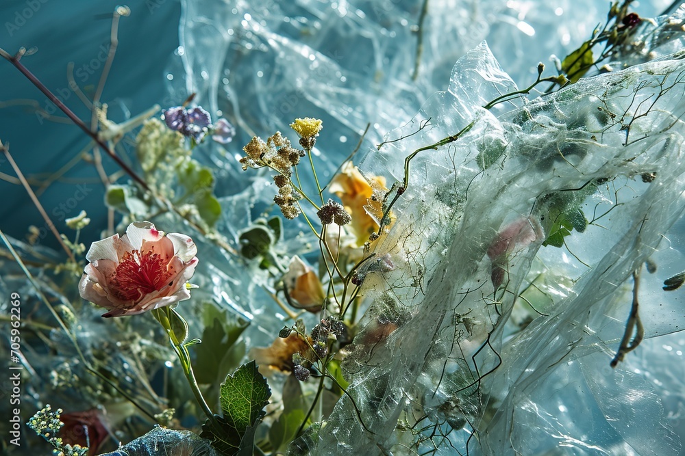 Flowers and plants within a mesh of plastic waste, illustrating the ...