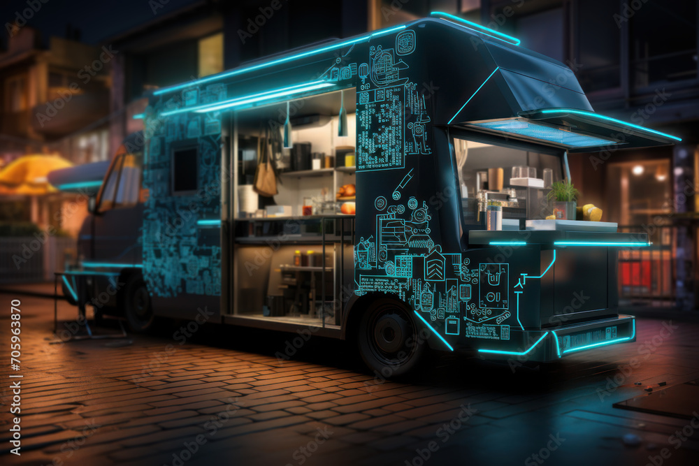 An illustration of a food truck with a visible QR code for customers to ...