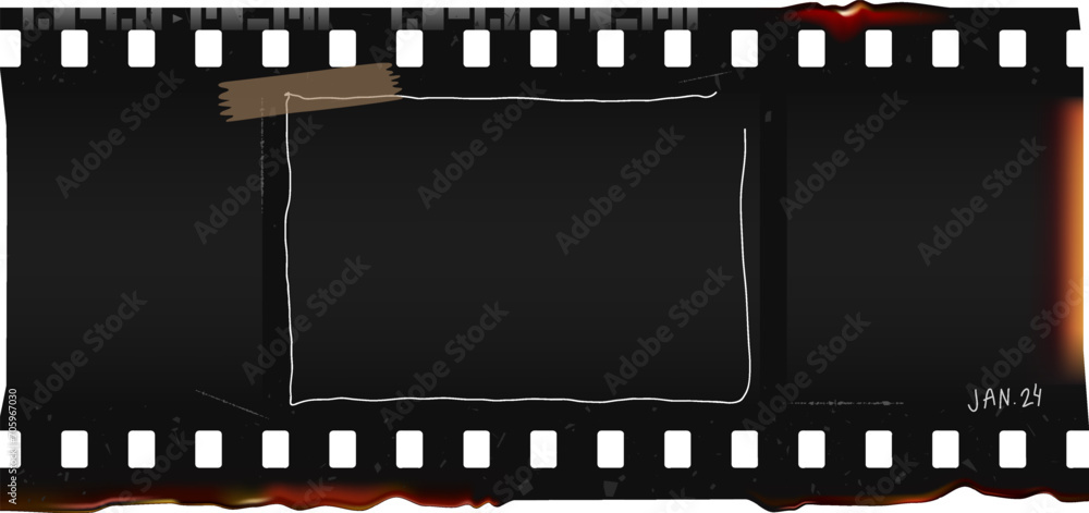 Distorted old grunge filmstrip with burned texture. Blank 35mm negative ...