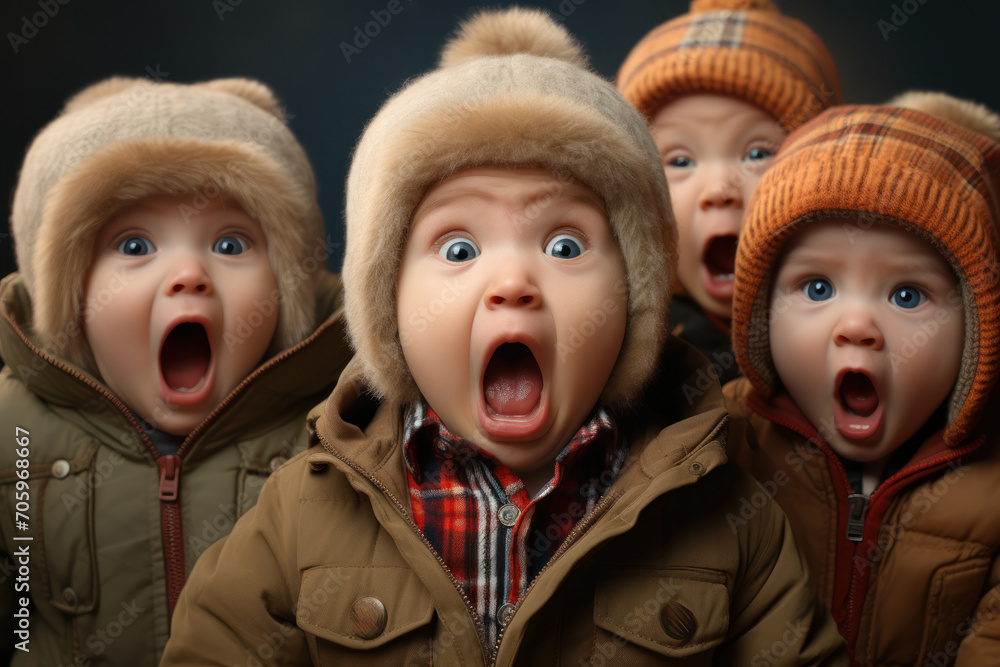Sweet babies wearing expressive facial expressions, showcasing the wide ...