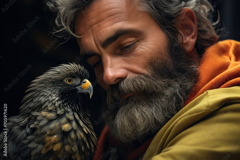 A curious parrot nestled on a shoulder as its owner enjoys a quiet ...
