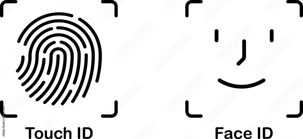 Face ID icon. Touch ID. Identification icons. Facial recognition system, identification face ...
