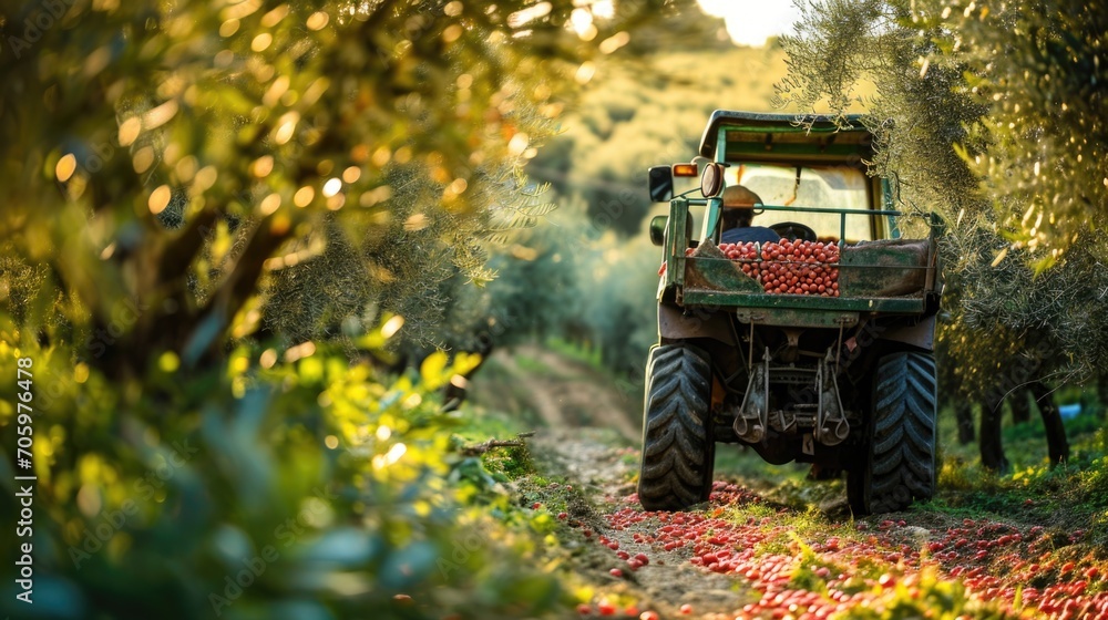 old tractor on a blurred background from the collection of olives in a ...