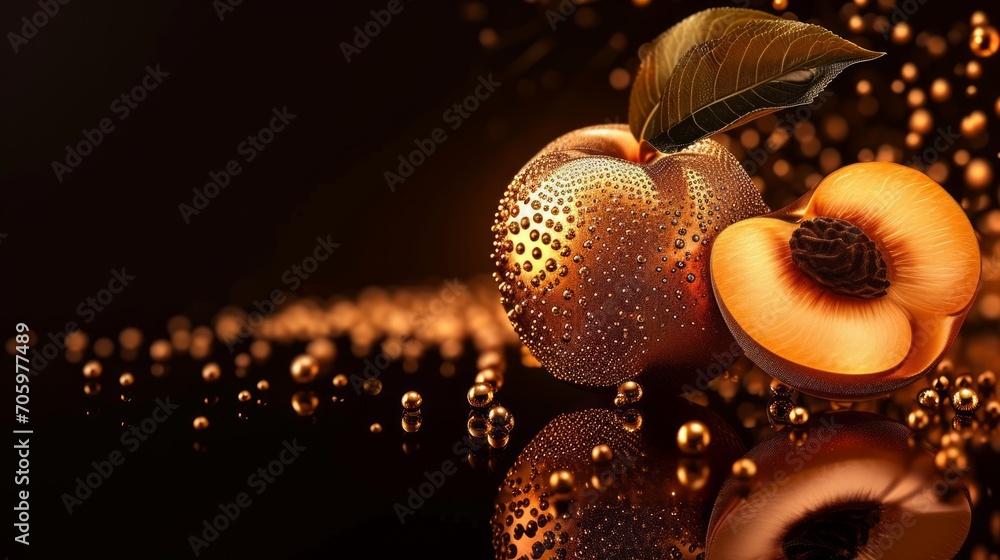 Metallic golden peach made of gold with water droplets and spheres on a ...