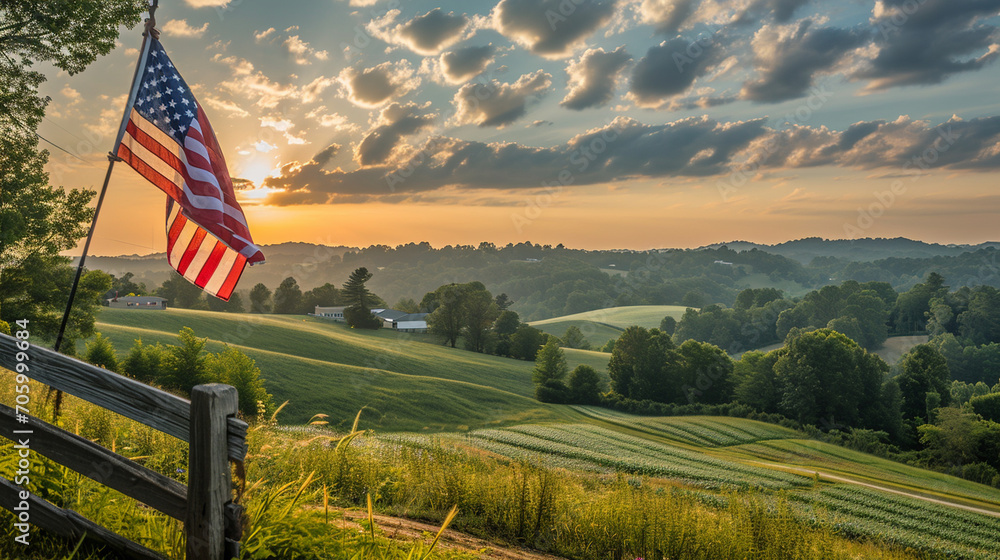 A peaceful countryside landscape with the American flag as the focal ...