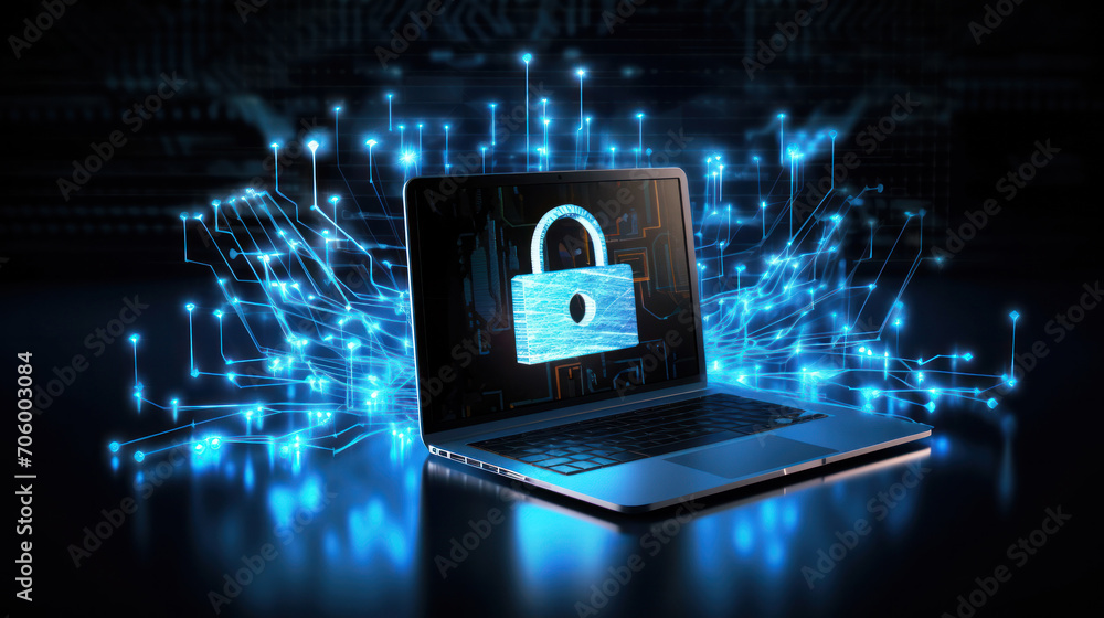 Computer with lock on black background with binary matrix code ...