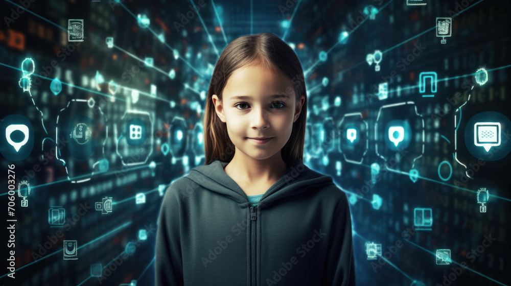 Child girl with background of digital binary code matrix. Promote ...