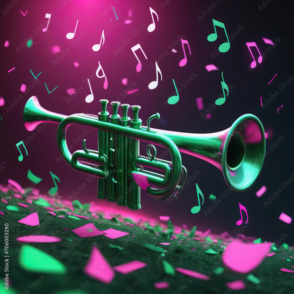 Neon Trumpet with Musical Notes - Cybernetic futuristic art with ...