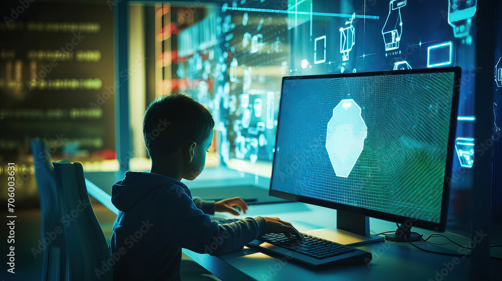 Child boy sitting at a computer with a background of digital binary ...