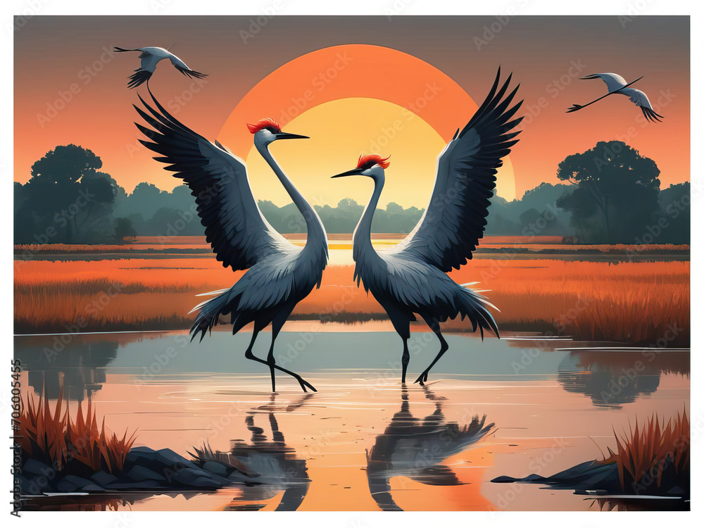 Tranquil Wetland - Minimalist vector art of cranes dancing in the ...