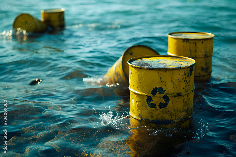 Yellow barrels, signifying radioactive waste, rest at the ocean floor ...