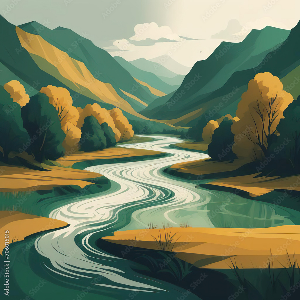 Powerful Floodwaters in Lush River Valley - Minimalist Vector Art with ...