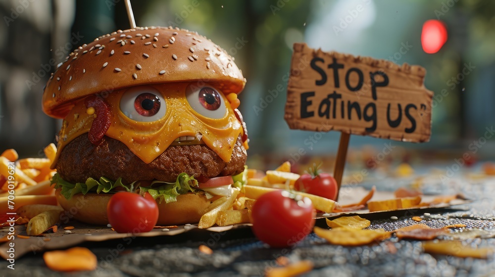 Whimsical plea: cartoon characters, fast food holding a sign 'Stop ...