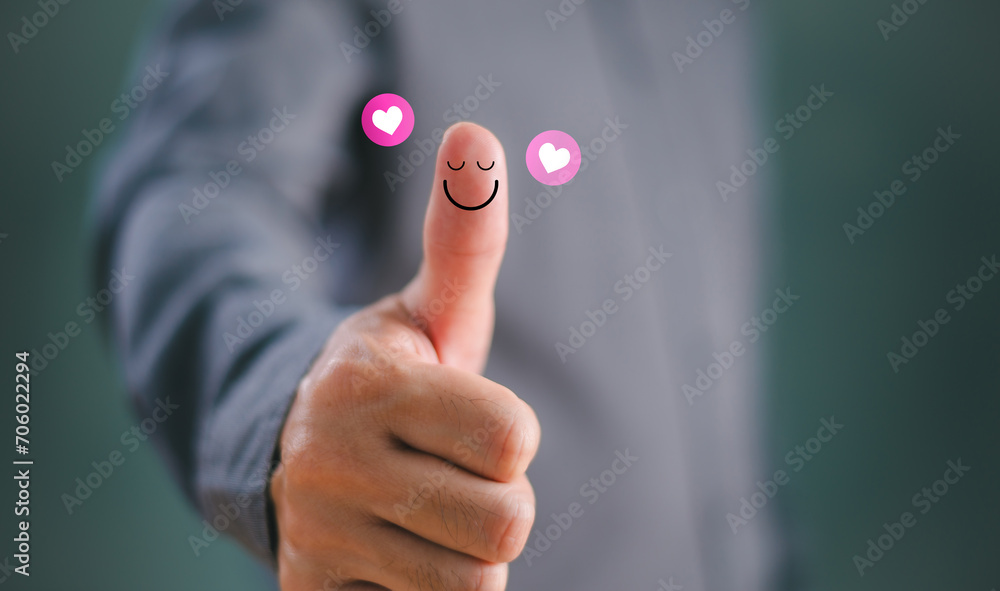 Customer experience concept. Thumb up happy smile face compliment, good ...